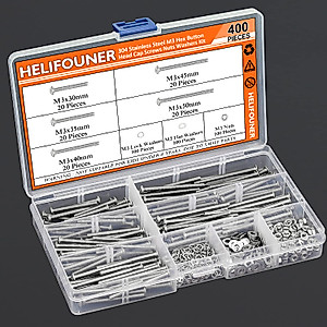 HELIFOUNER 400 Pieces M3 x 30mm /35mm /40mm /45mm /50mm, Button Head Socket Cap Metric Screws Nuts Washers Kit, 304 Stainless Steel