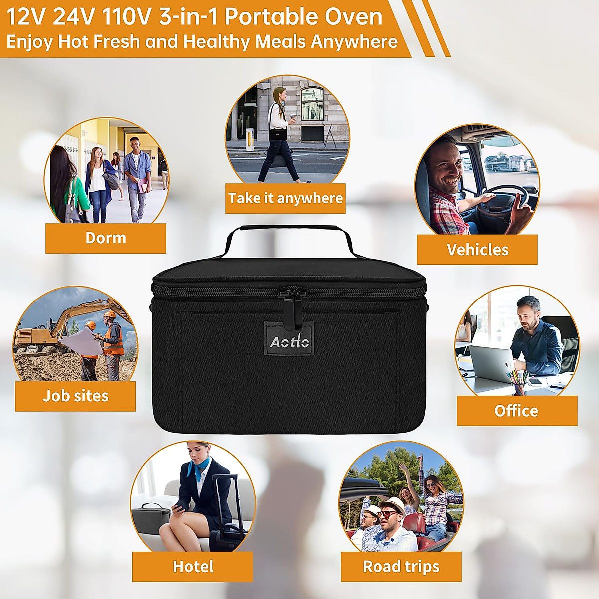 Aotto Portable Oven | 12V, 24V, 110V Car Food Warmer | Portable Mini Oven | Personal Microwave | Heated Lunch Box for Cooking and Reheating Food in Car, Truck, Travel, Camping, Work, Home