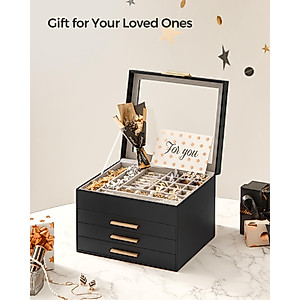 SONGMICS Jewelry Box with Glass Lid, 4-Layer Jewelry Organizer, 3 Drawers, for Big and Small Jewelry, Jewelry Storage, Modern Style, 8 x 9.1 x 6.5 Inches, Graphite Black and Gold Color UJBC173B01