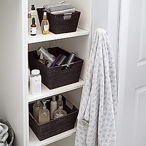 Simplify 3 Pack Set Woven Baskets with Handles, for Storage, Blankets, Toys, Books, Ideal for Home, Office, Dorm, Playroom, Closet, in Chocolate 3 Piece Rattan Tote