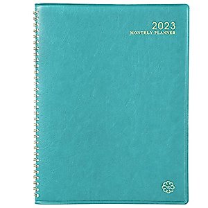 2023 Monthly Planner/Calendar - Monthly Planner from January 2023 - December 2023, Leather Calendar Planners with Tabs, Twin-Wire Binding and Double Side Clear Inner Pocket, 9" x 11", Plain/Blank Writing Blocks