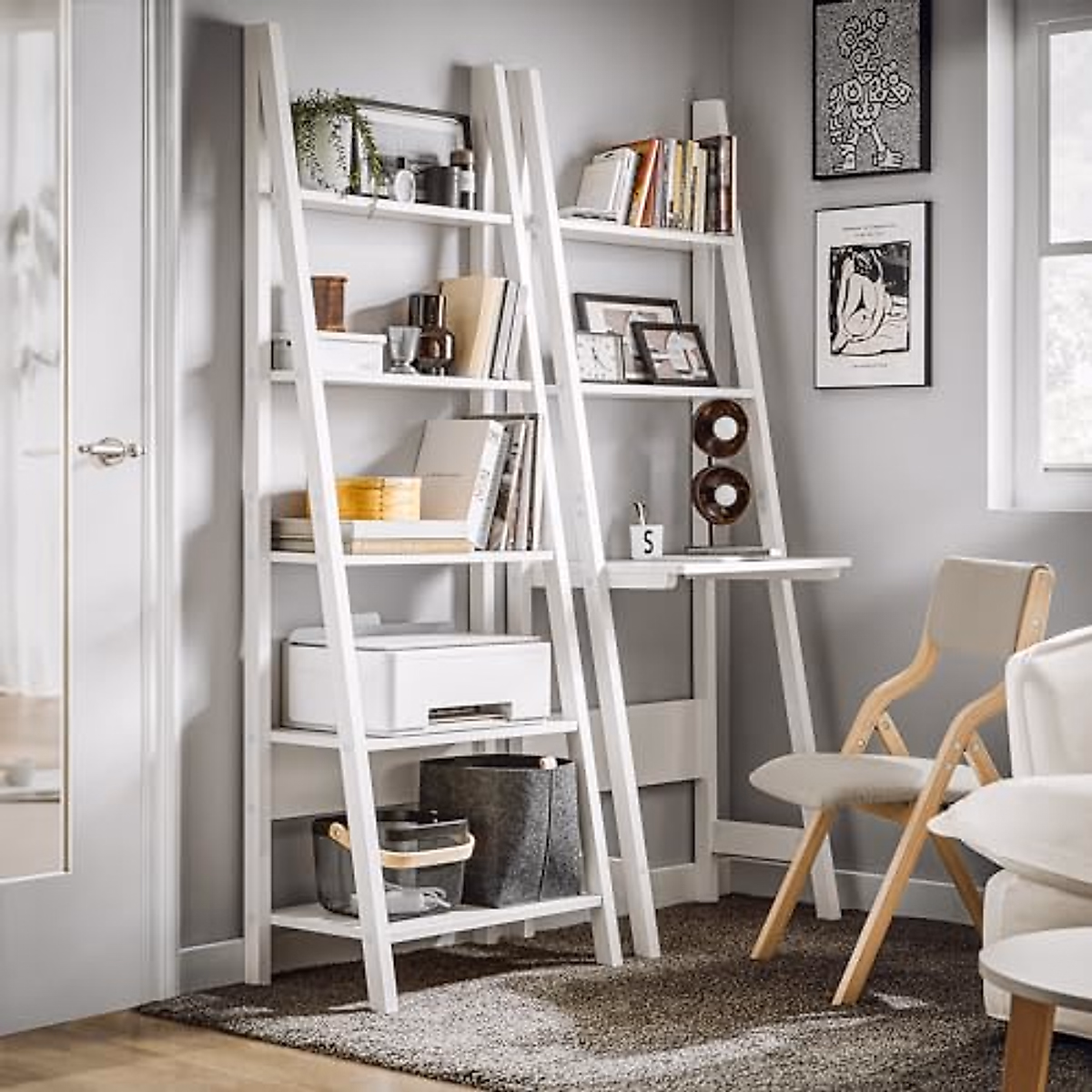 Haotian Ladder Shelf Desk Freestanding Bookshelf Space Saving Workstation Dresser Shelf Leaning Computer Desk with Shelves for Small Space, White FRG60-W