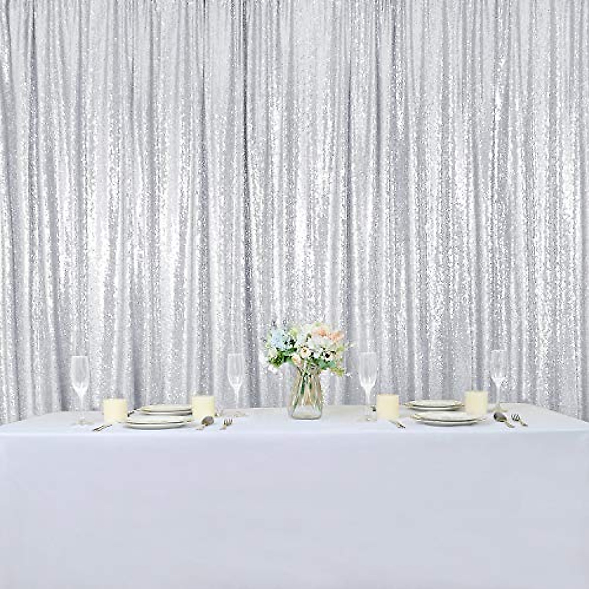 Hahuho Silver Sequin Backdrop Curtain, 2PCS 2FTx8FT Glitter Backdrop Curtain for Parties, Christmas, Wedding, Party Decoration（2 Panels, 2FT x 8FT, Silver