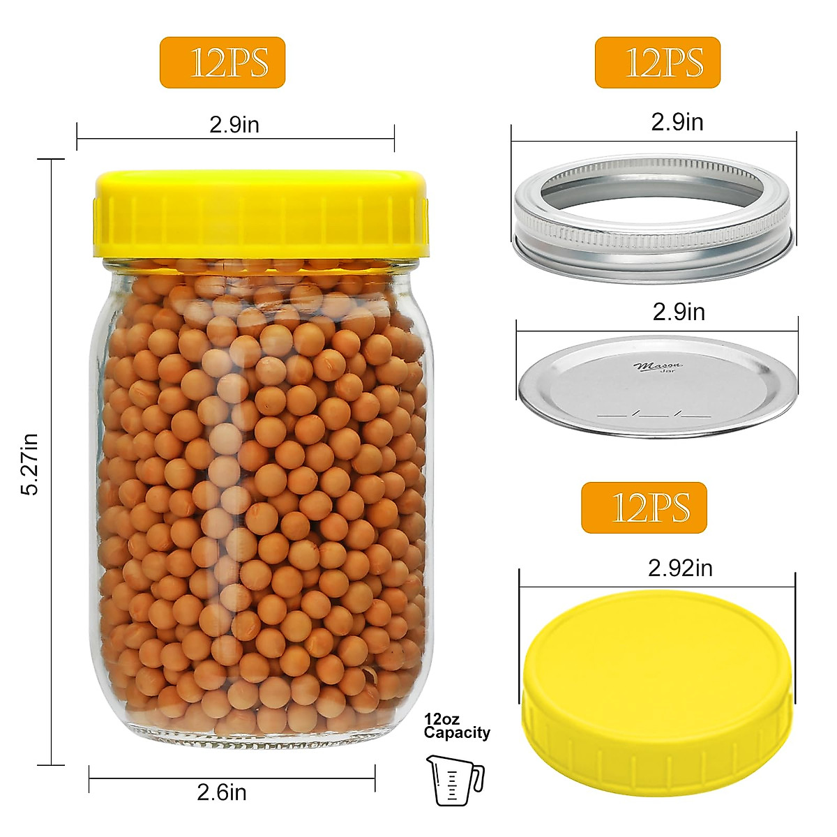 Encheng 12oz Regular Mouth Mason Jars with Lids and Bands,Clear Glass Canning Jars with Metal and Plastic Lids for Preserving,Meal Prep,Food Storage,Jam,Fermenting,Set of 12