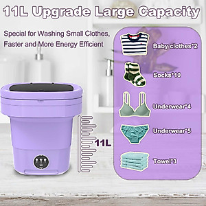 Portable Washing Machine, Foldable Mini Washing Machine with Spin Dryer, 11L Large Capacity, Small Collapsible Laundry Washer for Apartment, Travel, RV, Underwears, Socks, Baby Clothes (Purple)