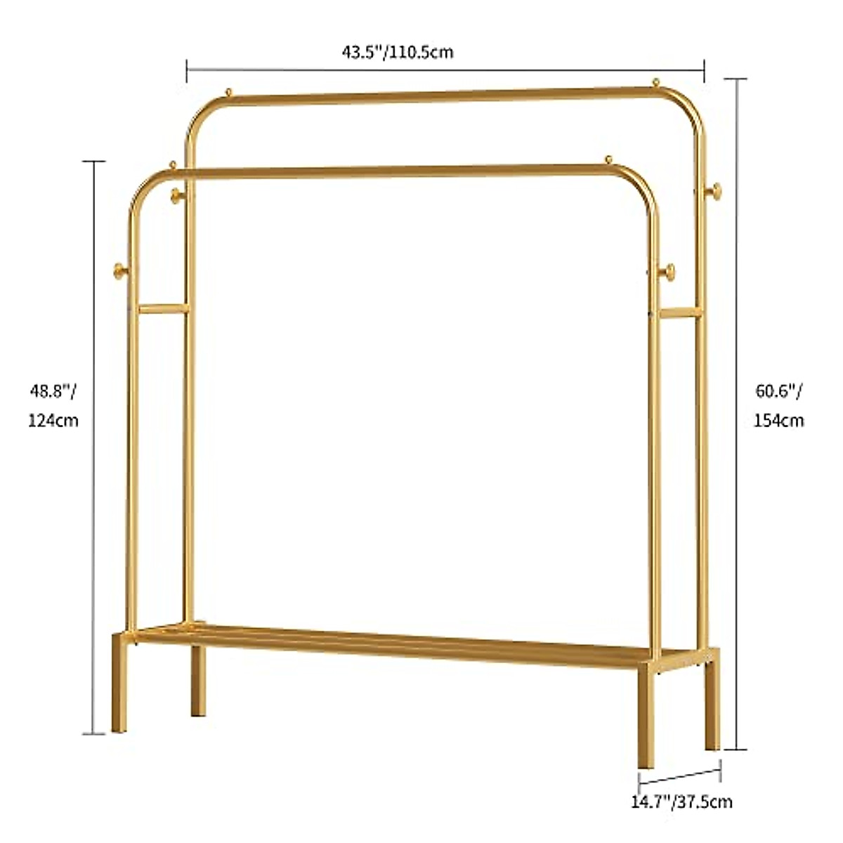 JOISCOPE Double Rods Portable Garment Rack for Hanging clothes, 43.5 * 60.6 Inch Metal Clothing Rack with Bottom Shelves and 4 Hooks,Freestanding Clothes Rack for Bedroom,Space Saving, Gold