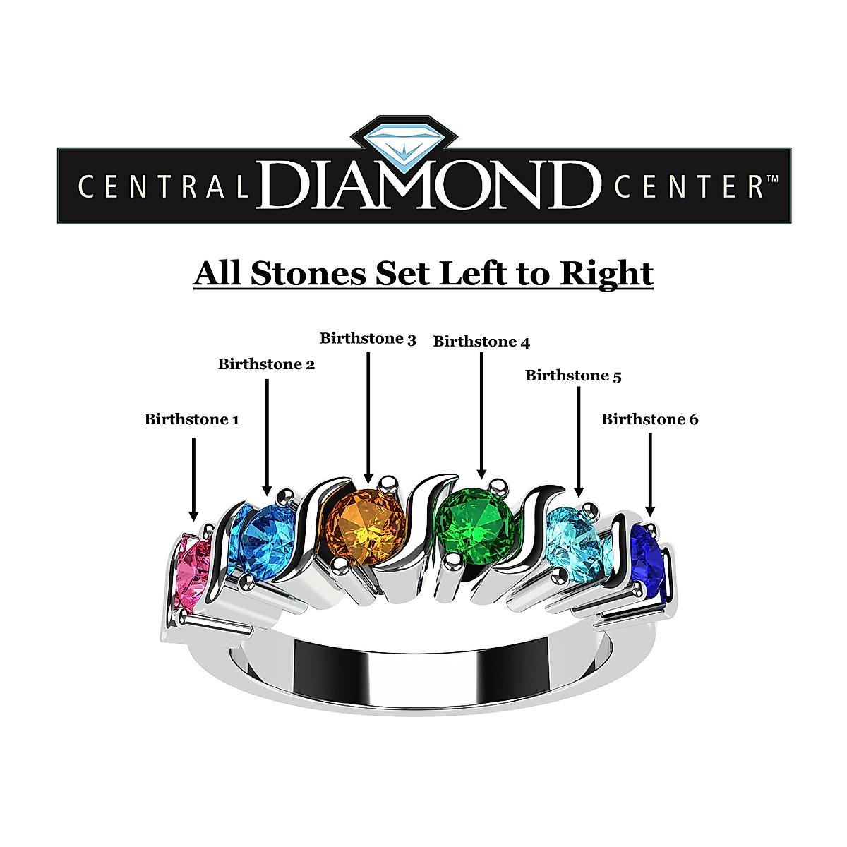 Central Diamond Center S-Bar Mothers Ring 1 to 6 Simulated Birthstones - 14k White Gold - Size 8