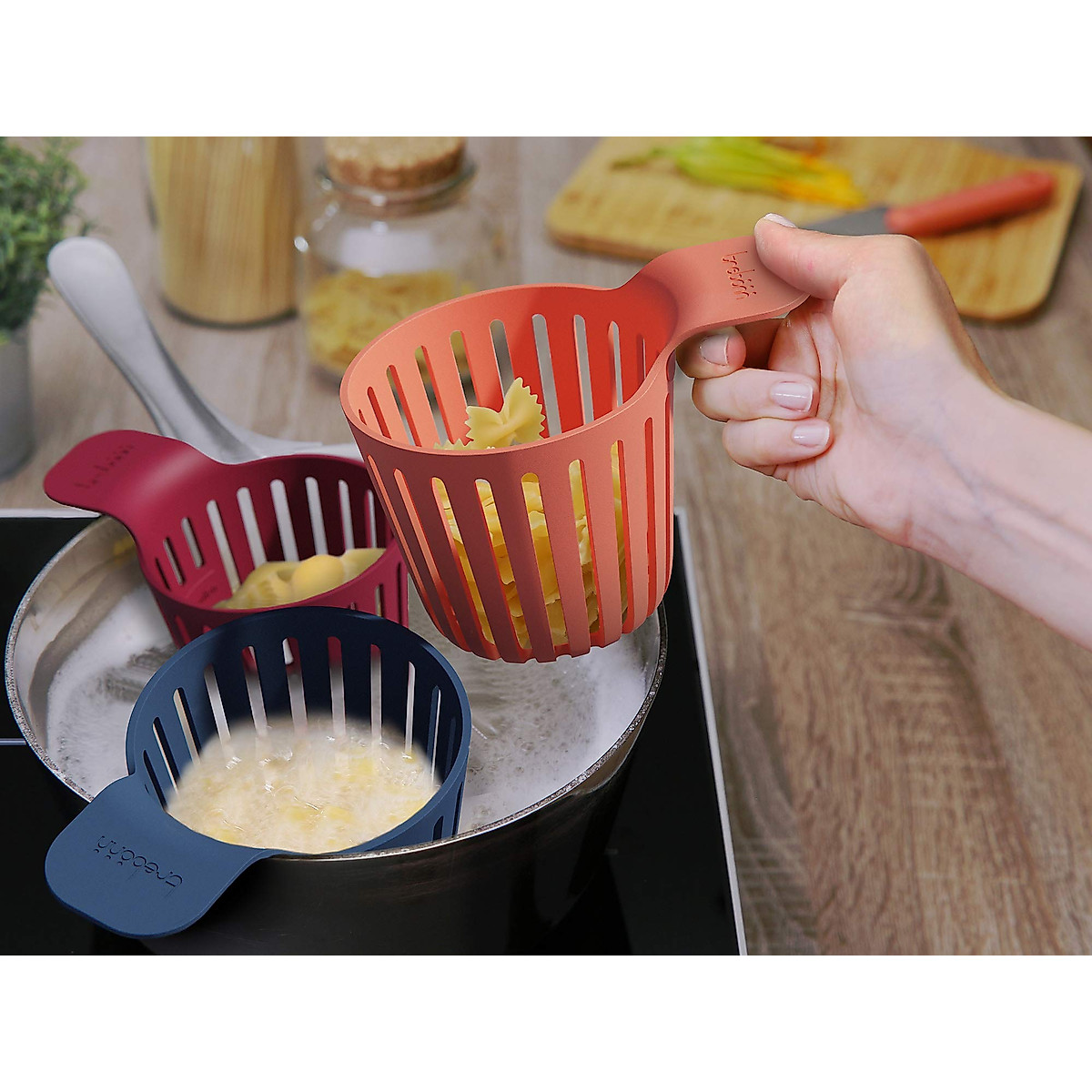 TREBONN, Cookin’ Pod 3 Piece Set, Single Portion Slotted Strainers for Pasta and Vegetables, Everyday Use, Coral Purple Blue-Gray, 1 Set