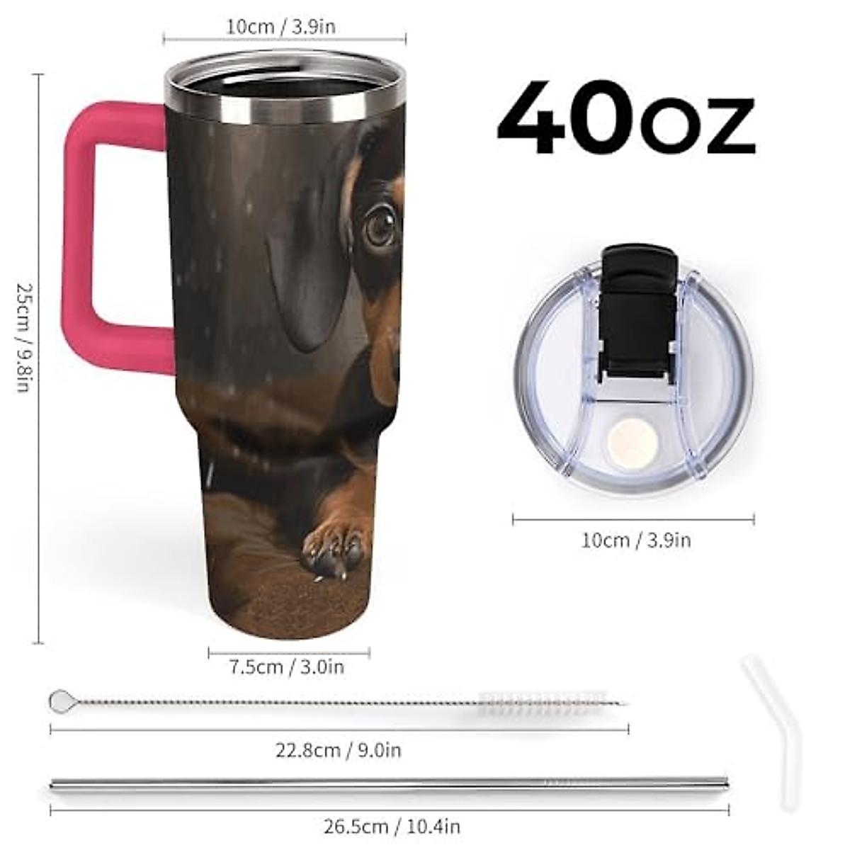 LLUTSNTH 40 Oz Vacuum Tumbler with Light Rose Red Handle Leakproof Insulated Tumbler Cute Dachshund Stainless Steel Travel Mug with Lid And Straw Coffee Cup Cute Water Bottles Cup Holder Friendly