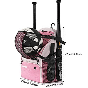 Girls Baseball Bag, Youth Baseball Backpack, Bat Bag for Baseball, T-Ball & Softball Equipment, Baseball Bat Backpack Girls with Helmet Holder, Shoes Compartment and Fence Hook Holds Helmets, Shoes, Bat, Glove (Pink)