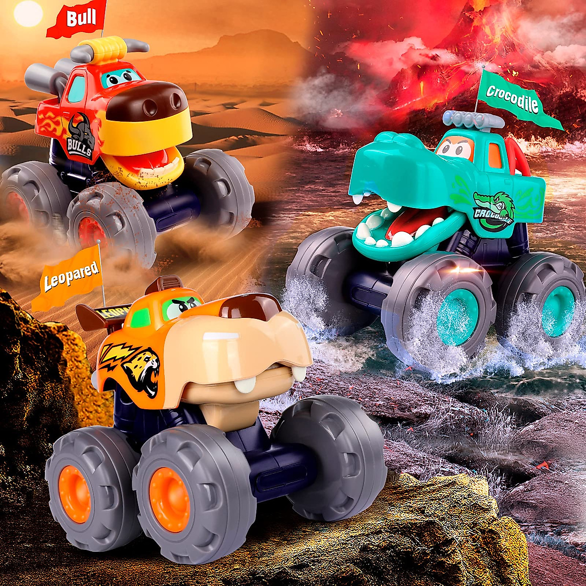 HINZER Toy Cars for 1 2 3 Year Old Boys 3 Pack Monster Trucks for Kids Toddlers 1-4 Pull Back Cars in Park Camp Baby Toys 12 18 Months Birthday Gifts for 1 Year Old Boys Girls