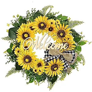 Waipfaru Sunflower Wreaths for Front Door, 20'' Sunflower Door Wreath with Welcome Sign and Bow, Spring Summer Wreath for Farmhouse Front Porch Patio Window Decor