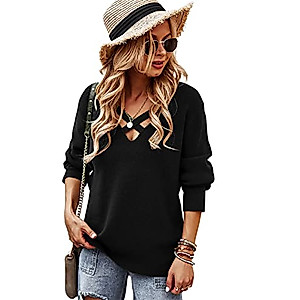 Lrady Womens V Neck Sweater Long Sleeve Casual Loose Fit Tunic Tops Knit Blouse Lightweight Cute Pullover, Black, Small