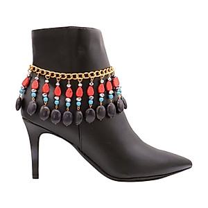 Women Western Boot Chain Bracelet Gold Metal Shoe Anklet Red Leaf Turquoise Beads Charm Jewelry