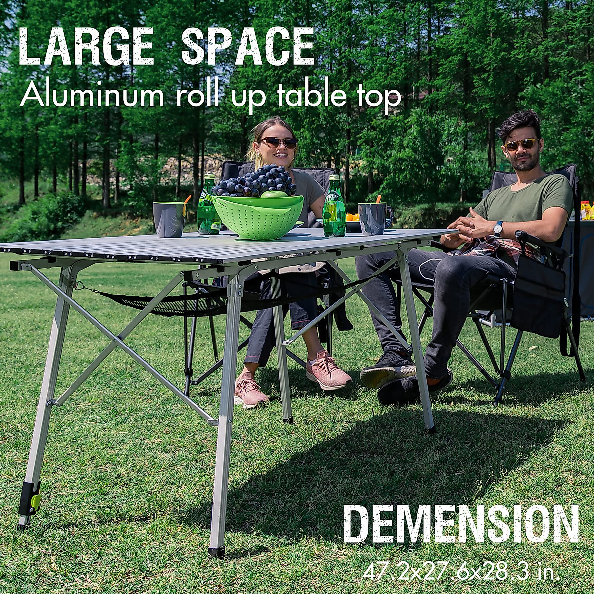 PORTAL Portable Camping Table Aluminum Folding Camp Table Roll Up Table with 1 Adjustable Leg, Mesh Layer and Carry Bag for Outdoor, Picnic, Grill, Kitchen, Silver, Large Space (47.2 x 27.6 inch)