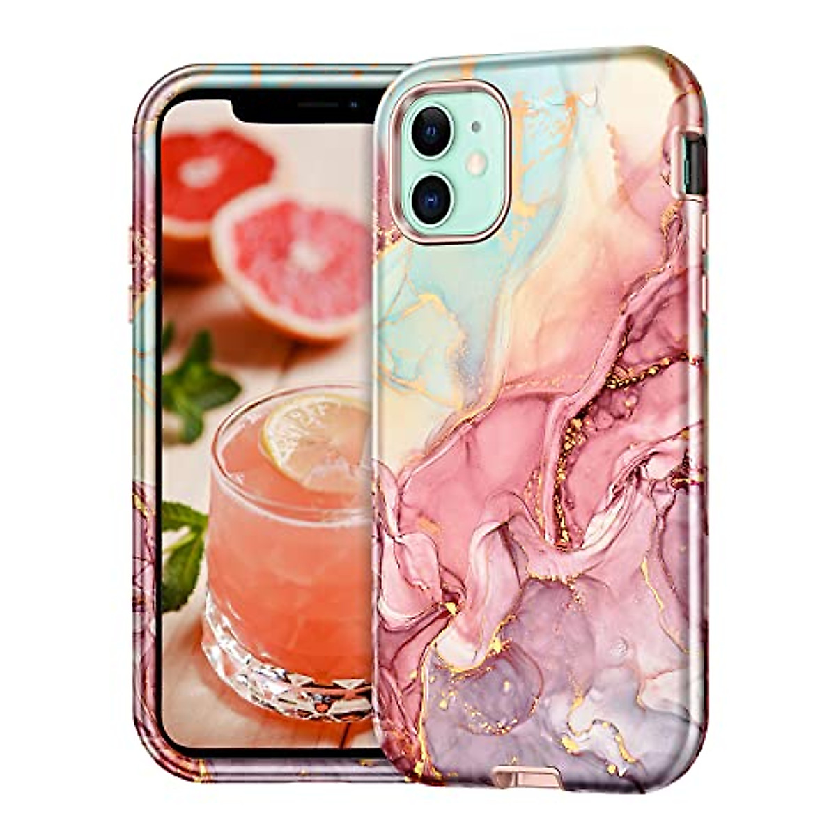 CASEFIV Compatible with iPhone 11 Case,Marble Pattern 3 in 1 Heavy Duty Shockproof Full Body Rugged Hard PC+Soft Silicone Drop Protective Women Girls Cover for iPhone 11 6.1 inch, Rose Gold