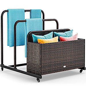 YITAHOME Outdoor Storage Box with Tiered Storage Racks, Large Wicker Rattan Deck Box for Patio, Pool, Supplies, and Tools - Brown