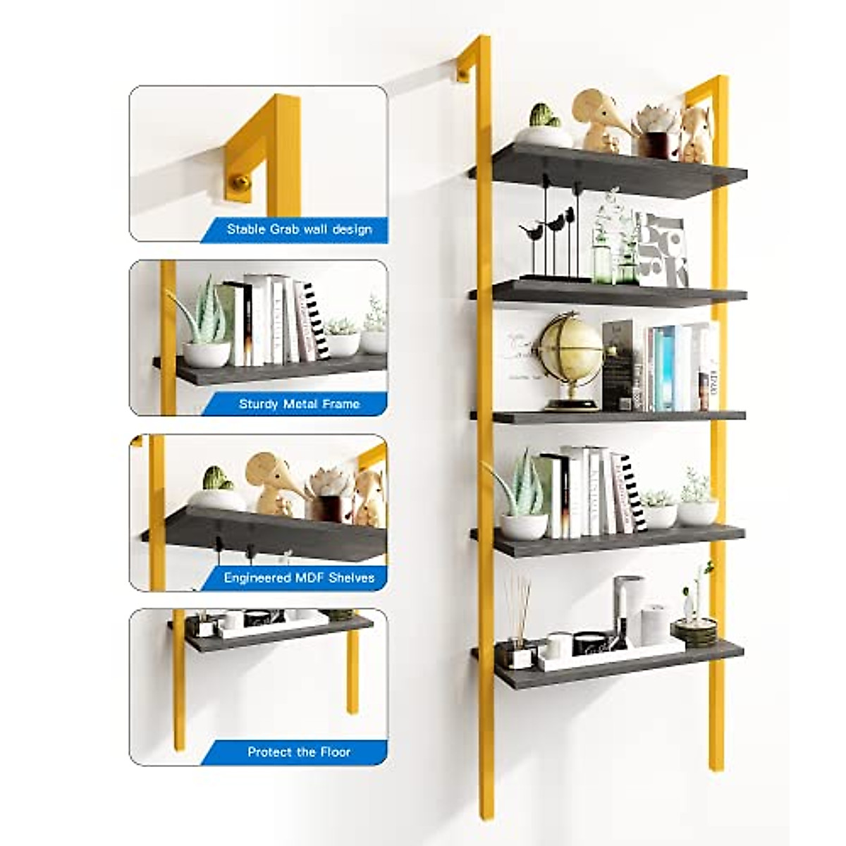 DKLGG 5-Tier Book Shelf Rack Against The Wall, Tall Ladder Shelf Wooden Bookcase Metal Frame Storage Plant and Flower, Single Standing Bookshelf Ladder ​for Living Room, Bedroom, Balcony, Home Office