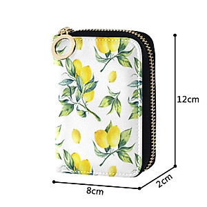Yellow Lemon With Green Leaves Seamless On White Grey Credit Card Coin wallet, RFID Blocking Compact Women Leather Card Holder, Key Change Organizer, Zipper Purse Clutch Pouch Pocket