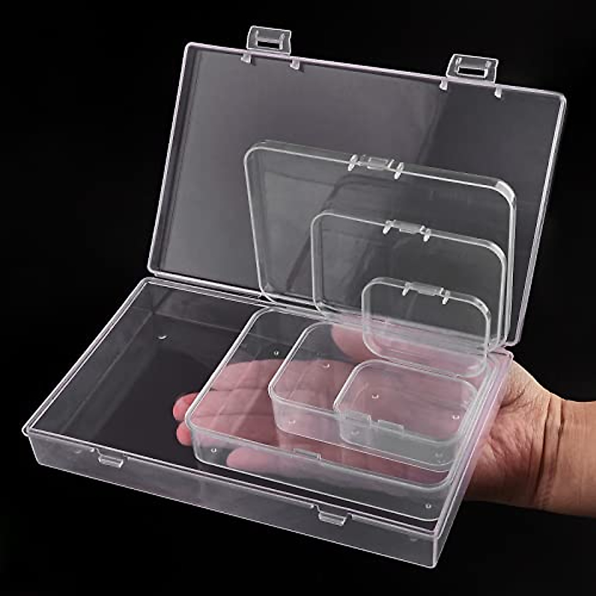 Qeirudu 24 Pcs Mixed Sizes Rectangle Mini Plastic Containers - 4 Mixed Small Craft Storage Boxes with Hinged Lids Clear Bead Organizer for Jewelry Findings, Office Supplies and Game Pieces