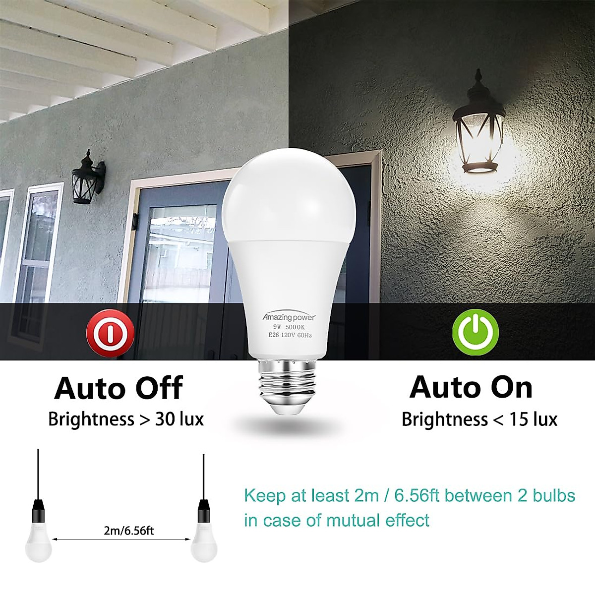 Amazing power Dusk to Dawn Light Bulbs, Sensor E26 LED Bulb 9W (60W Equivalent), 825LM, 5000K Daylight White, Auto On/Off Light Bulbs for Outdoor Lighting, 4-Pack