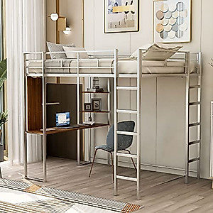 Harper & Bright Designs Full Size Loft Bed with Desk, Heavy Duty Metal Loft Bed Full with Shelves, Full Loft Bed Frame for Kids,Teens, No Box Spring Needed,Silver