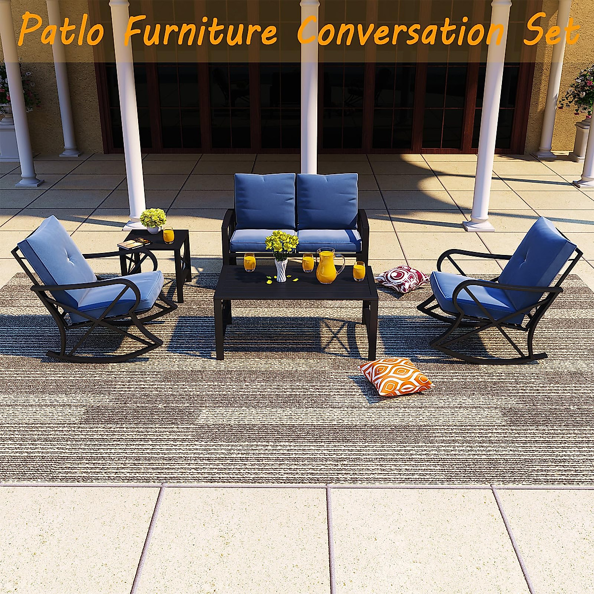 PatioFestival Patio Furniture Set Outdoor Patio Conversation Sets Modern Metal Sofa Sectionals with Rocking Chair, Loveseat and Coffee Table of Metal Frame, Cushions for Pool-Side Lawn (5 PCS, Blue)