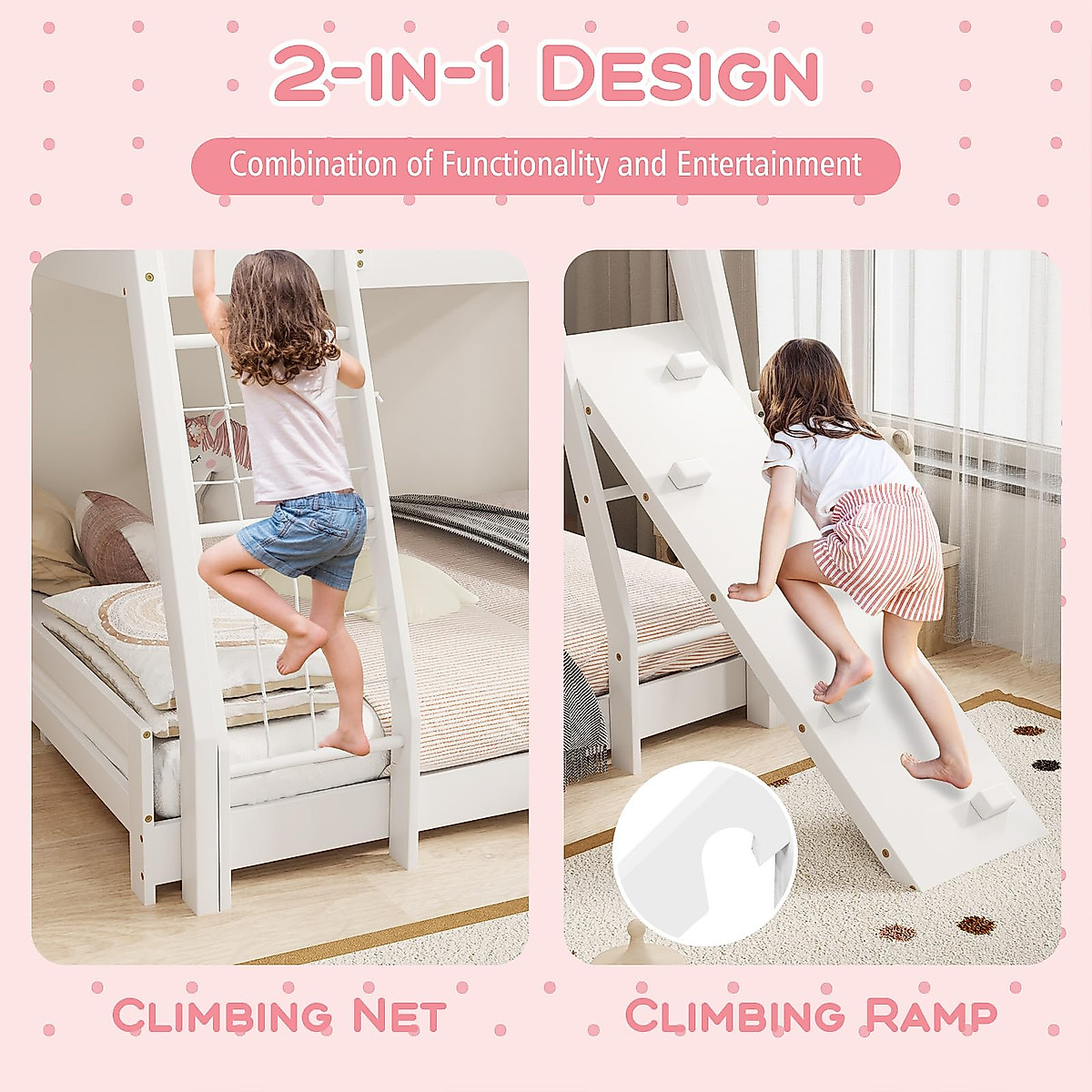 Costzon Twin Over Queen Bunk Bed, House Shaped Bed Frame with Climbing Nets and Ramp, Safety Guardrail, No Box Spring Needed, Wooden Kids Bed for Boys Girls (White, Twin Over Queen)