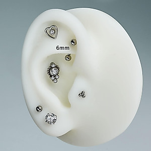 FINE4U Threadless Flat Back Earrings Stud Titanium 18G 6mm 8mm - ASTM F136 Titanium Heart Cartilage Earring for Conch, Helix, Tragus, Flat, Lobe