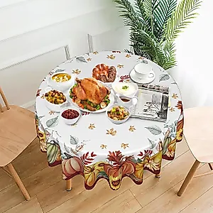 XUIUAN Fall Round Tablecloth Pumpkin Thanksgiving Dinner Table Decoration Autumn Leaves Print Harvest-Festival Seasonal Dining Table Cover Party Decor (60" x 60" Round)