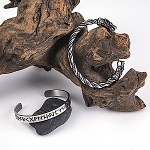 TURTLEDOVE Viking Wolf Fenrir Bangle – 2 PCS Stainless Steel Norse Scandinavian Torc – Rune Bangle Bracelet