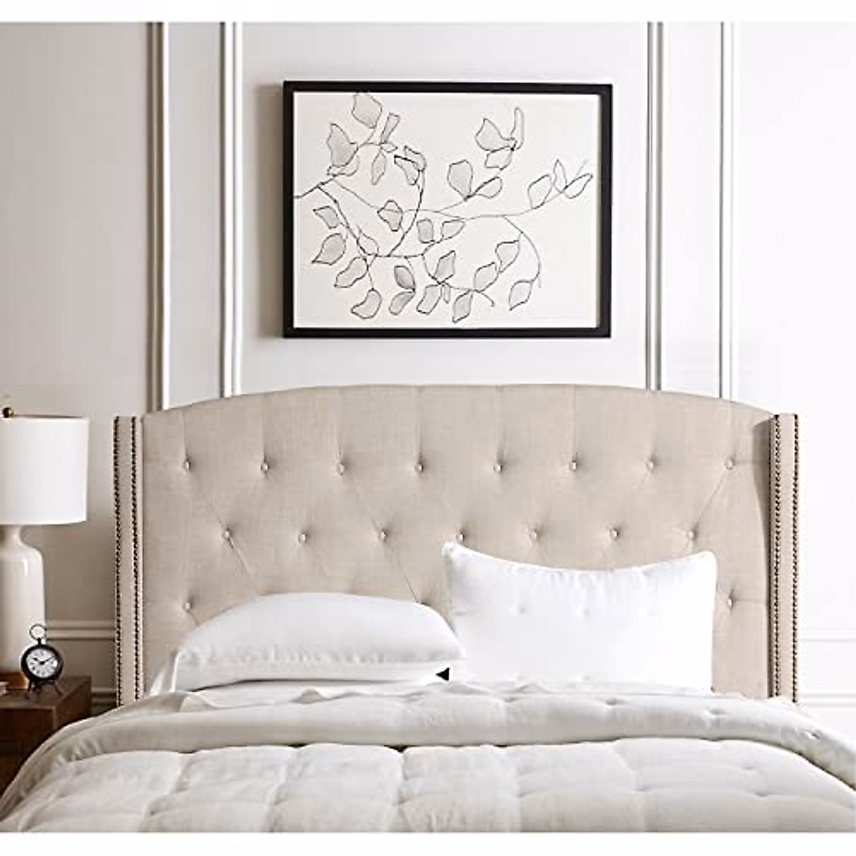 Rosevera Cadyn Wingback Nailhead Trimming,Fabric Upholstered and Button Tufting Headboard for Bedroom,Easy Assembly, Queen, Beige