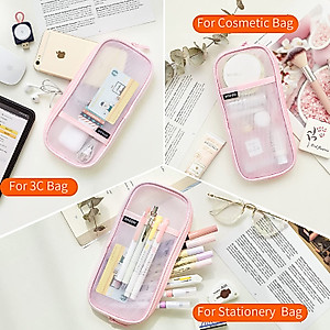 EASTHILL Grid Mesh Pen Pencil Case with Zipper Clear Makeup Color Pouch Cosmetics Bag Multi-Purpose Travel School Teen Girls and Boys Transparent Stationary Bag Office Organizer Box for Adluts(Pink)