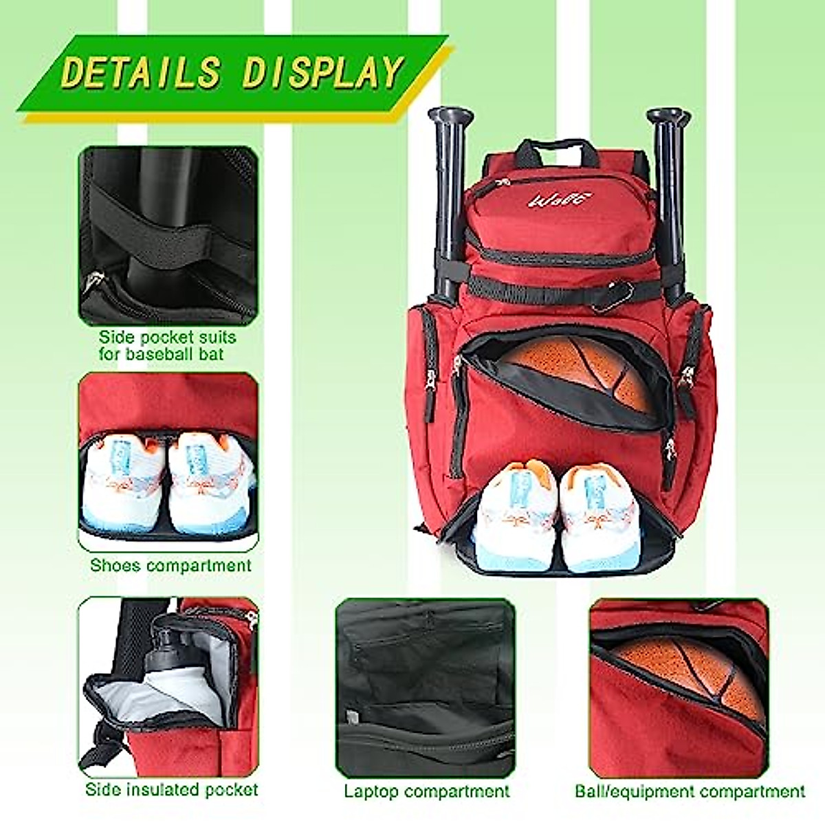 WOLT | Basketball Backpack Bag with Separate Ball Compartment and Shoes Pocket, Large Sports Equipment Bag for Basketball, Soccer, Rugby, Volleyball, Baseball Sport Backpack Bag