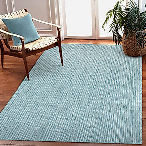 Liora Manne CARMEL Indoor/Outdoor Power Loomed Synthetic Blend Low Profile Area Rug - Transitional Stripe Global Colorful (Texture Stripe Aqua) (7'10" x 9'10")