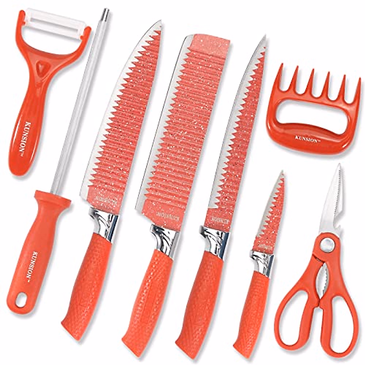 BSSuperU Red Kitchen Knife Set with Sharpener Scissors, 8 PCS Stainless Steel Solid Sharp Knives Sets for Kitchen with Non Stick Coating & Non Slip Handle
