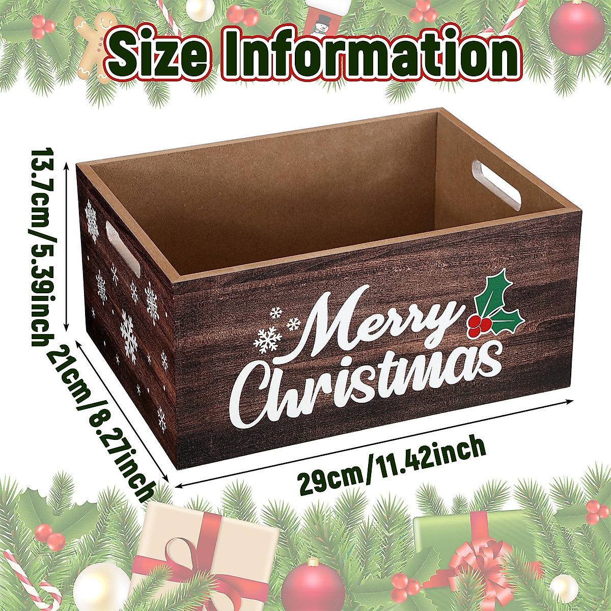 Namalu Christmas Hot Cocoa Bar Storage Box Wooden Crate with Handles Hot Cocoa Decorative Rustic Farmhouse Wood Basket Christmas Wood Storage Bins Organizer Bucket for Xmas Candy Dish Home (Wood)