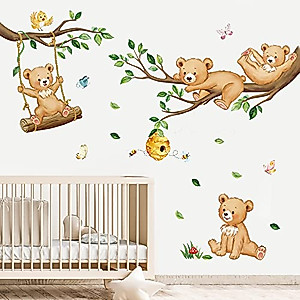 decalmile Woodland Bear Wall Decals Animal Tree Branch Wall Stickers Baby Nursery Kids Bedroom Living Room Wall Decor