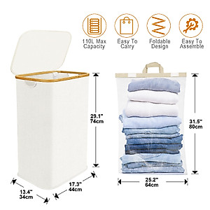 RICOJYCX 110L Collapsible Laundry Baskets with Lid, Laundry Hamper with Handle and Lid, Large Foldable Clothes Hamper with Removable Inner Bag for Clothes Toys Towels (Off White)