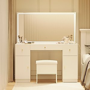 ClouDDwell Makeup Vanity Desk with Large Mirror and LED Lights, 3 Lighting Modes and Power Outlet. Makeup Vanity with 3 Drawers,2 Cabinets and Chair, Stool with Storage, for Bedroom, White, 1 Case