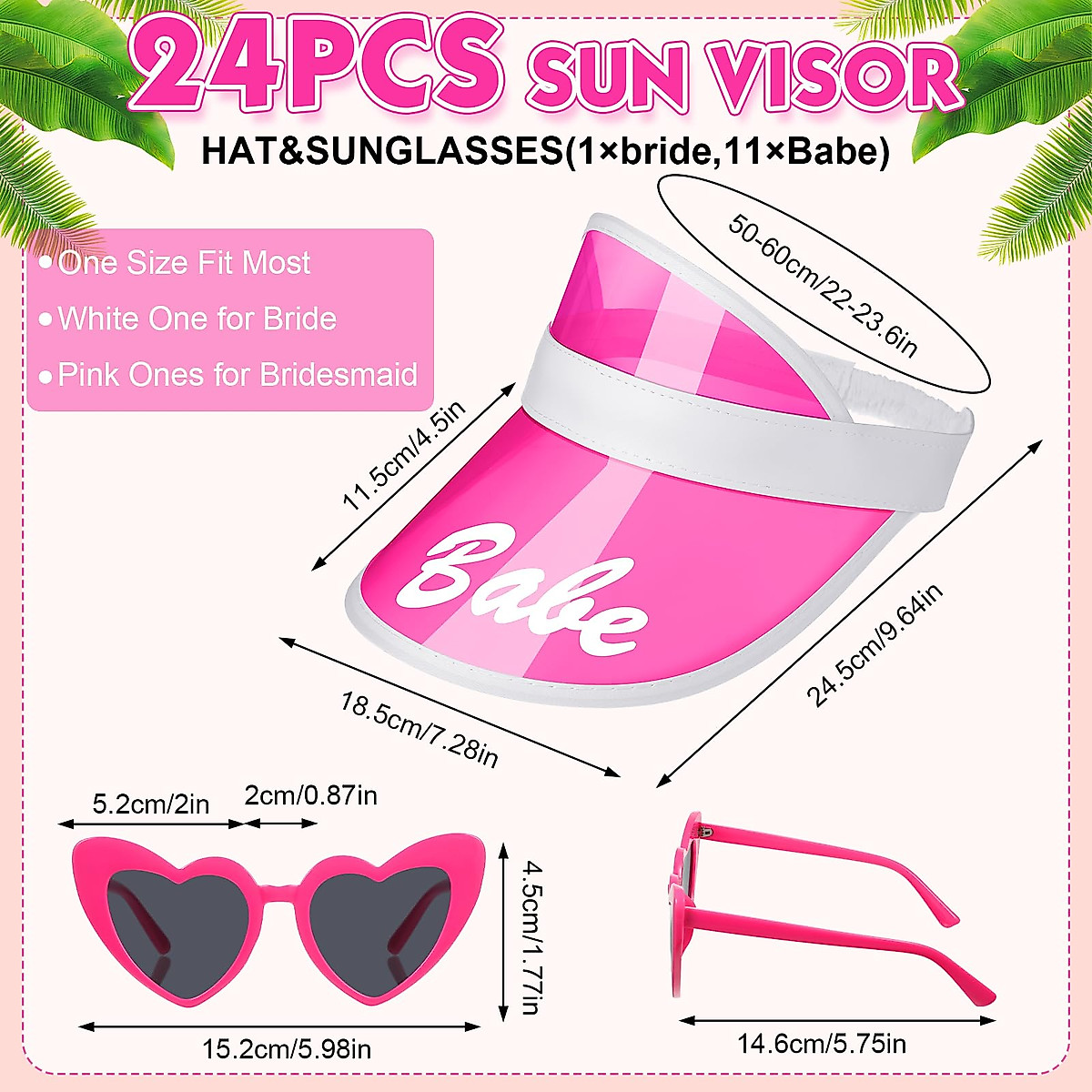 Mepase 24 Pcs Bachelorette Visors and Bride Heart Shaped Sunglasses Set Bride Sun Hats for Women Wedding(White, Rose)