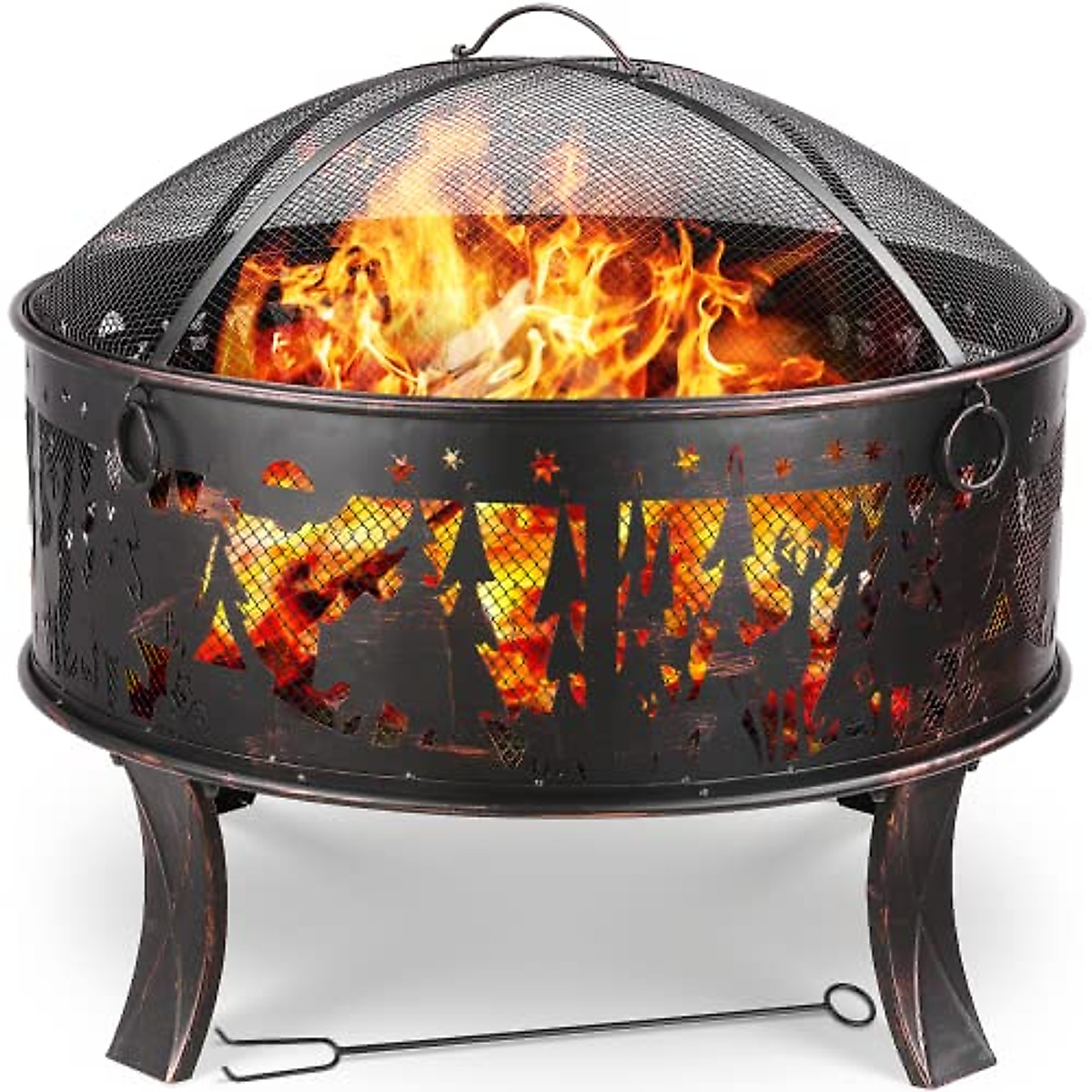 Portable Fire Bowl 27 Inch Fire Pit, Outside Fire Pit, Garden Fireplace with Spark Guard, Poker & Charcoal Grate, Fire Pits for Patio Camping Backyard Balcony, Elk Pattern