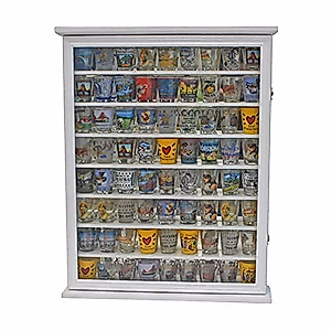 Shot Glass Display Case Solid Wood Wall Shot Glass Cabinet Rack Holder Lockable with UV Protection Acrylic Glass Door Shot Glass Collection Display Cabinet Mirror Back (White Finish)