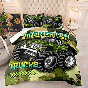 3D Blue Monster Truck Bedding Set for Kids, Cartoon Car Ultra Soft All Seasons Comforter Set Monster Car Theme Bed Set 1 Comforter 2 Pillowcases (Blue, Twin)