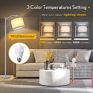 OUTON LED Floor Lamp, 3 Color Temperatures Modern Lamp with Rotary Switch, Adjustable Tall Standing Reading Lamp with Hanging White Linen Texture Shade for Living Room, Bedroom, Office, Silver Grey