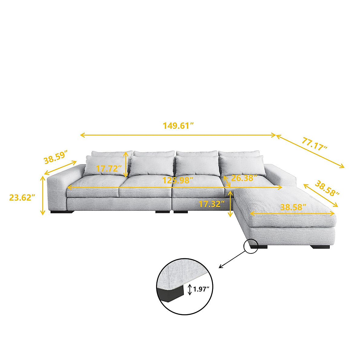 JACH 150in Couch, Feather Filled Wide Reversible Sofa Chaise, L Shaped Sofa Couch Set with Ottoman Modular Sectional Sofa for Living Room, Apartment, Home, Hotel (Light Grey)