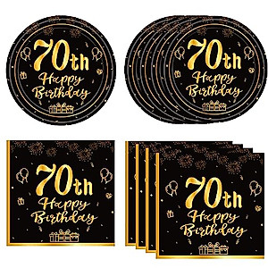 40PCS 70th Birthday Decorations,70th Party Tableware Set Paper Plate Napkin,Black Gold Vintage 1953 Aged to Perfection Table Party Supplies, 70 Year Old Birthday Party Decor for Women Men