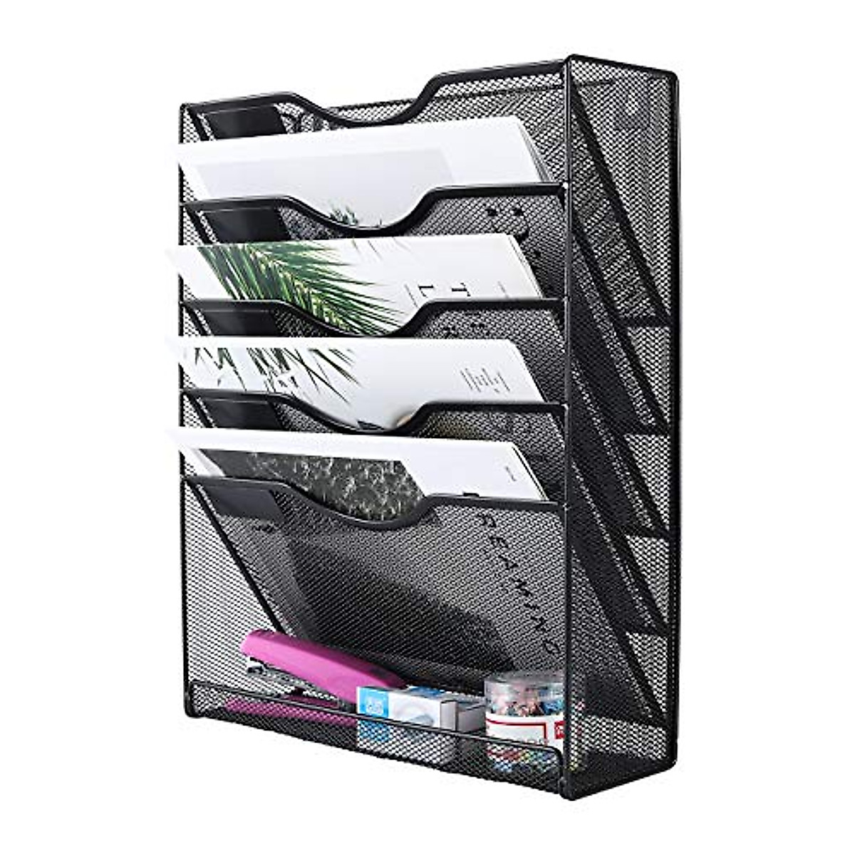 EasyPAG Mesh Wall Hanging File Organizer Holder 5 Tier Vertical Pocket Magzine Rack with Tray | Sides Closed ,Black