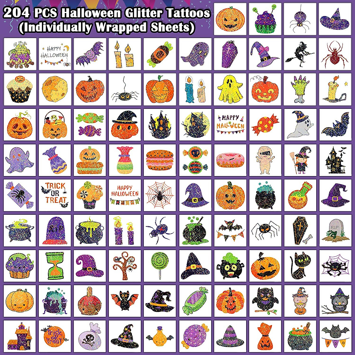 Partywind 204 PCS Glitter Halloween Tattoos for Kids Treats, Halloween Party Decorations Supplies for Boys Girls, Tattoo Stickers for Halloween Goodie Bag Stuffers (Individually Wrapped Sheets)