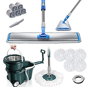 Masthome 24" Professional Flat Mop with 5 Reusable Mop Pads, Spin Mop and Bucket Set with 5 Mop Refills, Easywring Mop Bucket System for Floor Cleaning